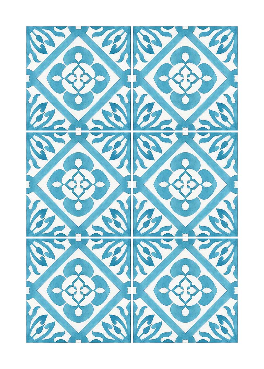 'Blue and White Floral Tile Pattern' Poster, picture, metal print ...