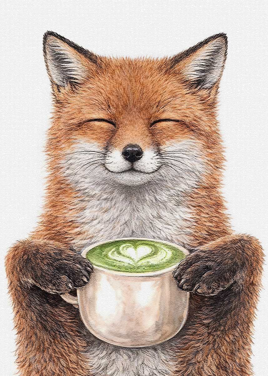 'Fox Enjoying Matcha Latte' Poster, picture, metal print, paint by ...