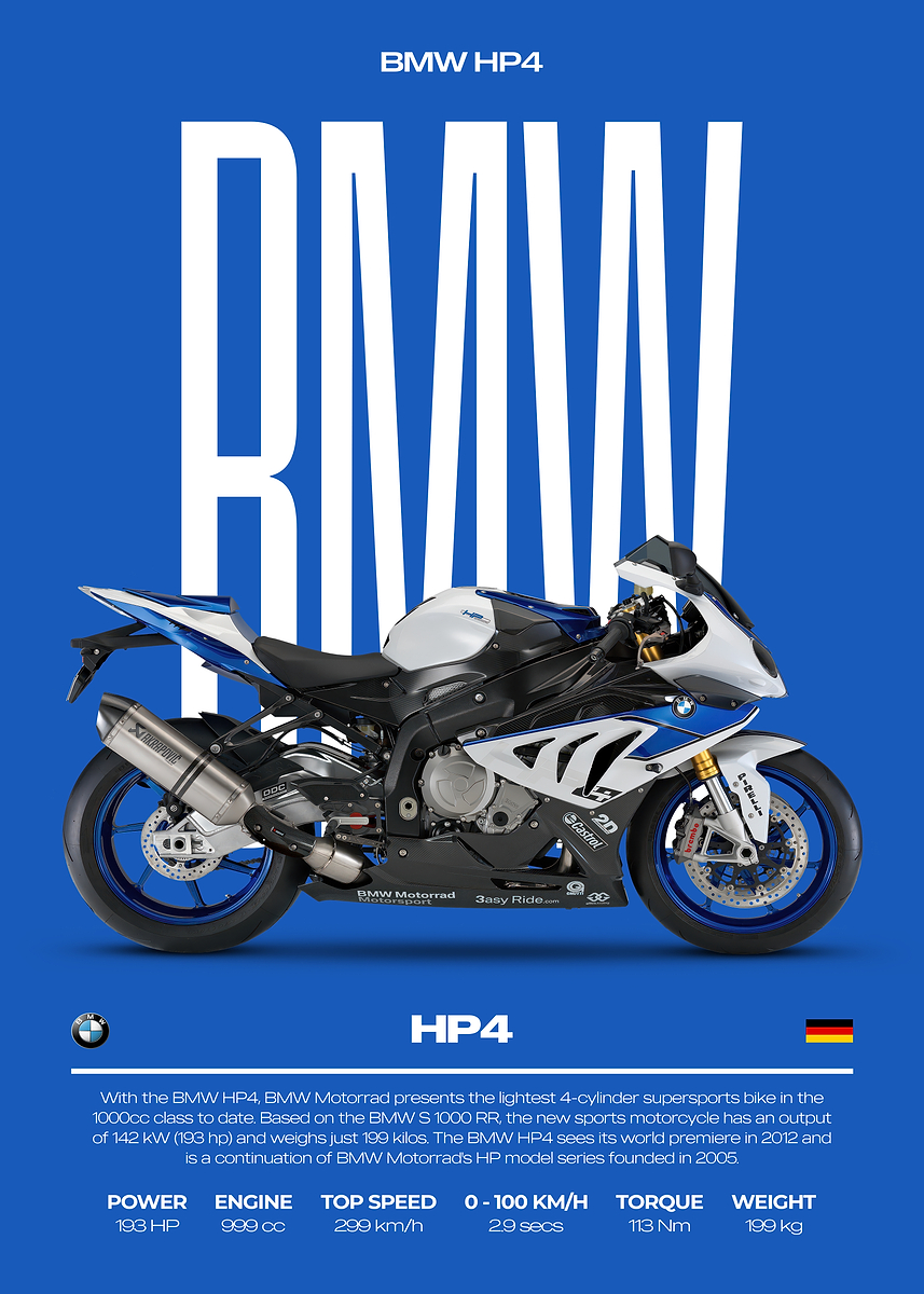'BMW HP4 Motorcycle Poster' Poster, picture, metal print, paint by Five ...