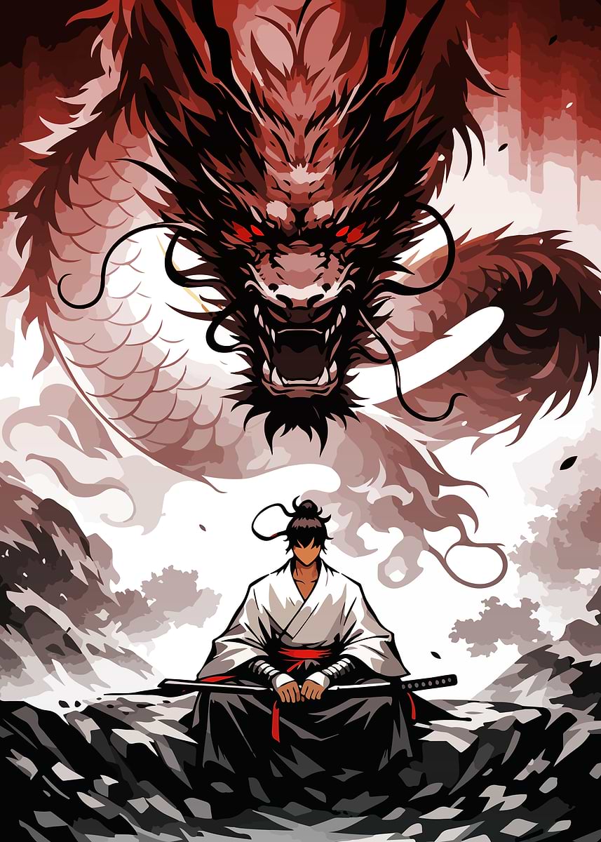 'Samurai Facing a Red Dragon' Poster, picture, metal print, paint by ...