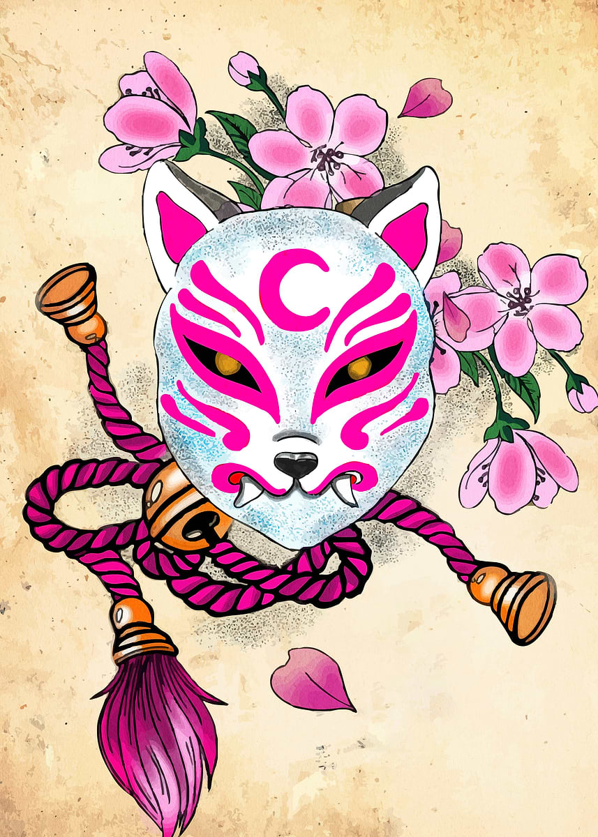 'Kitsune Mask with Cherry Blossoms' Poster, picture, metal print, paint ...