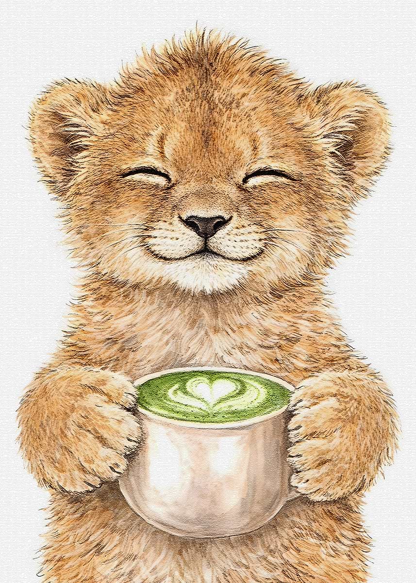 'Cute Lion Cub with Matcha Latte' Poster, picture, metal print, paint ...