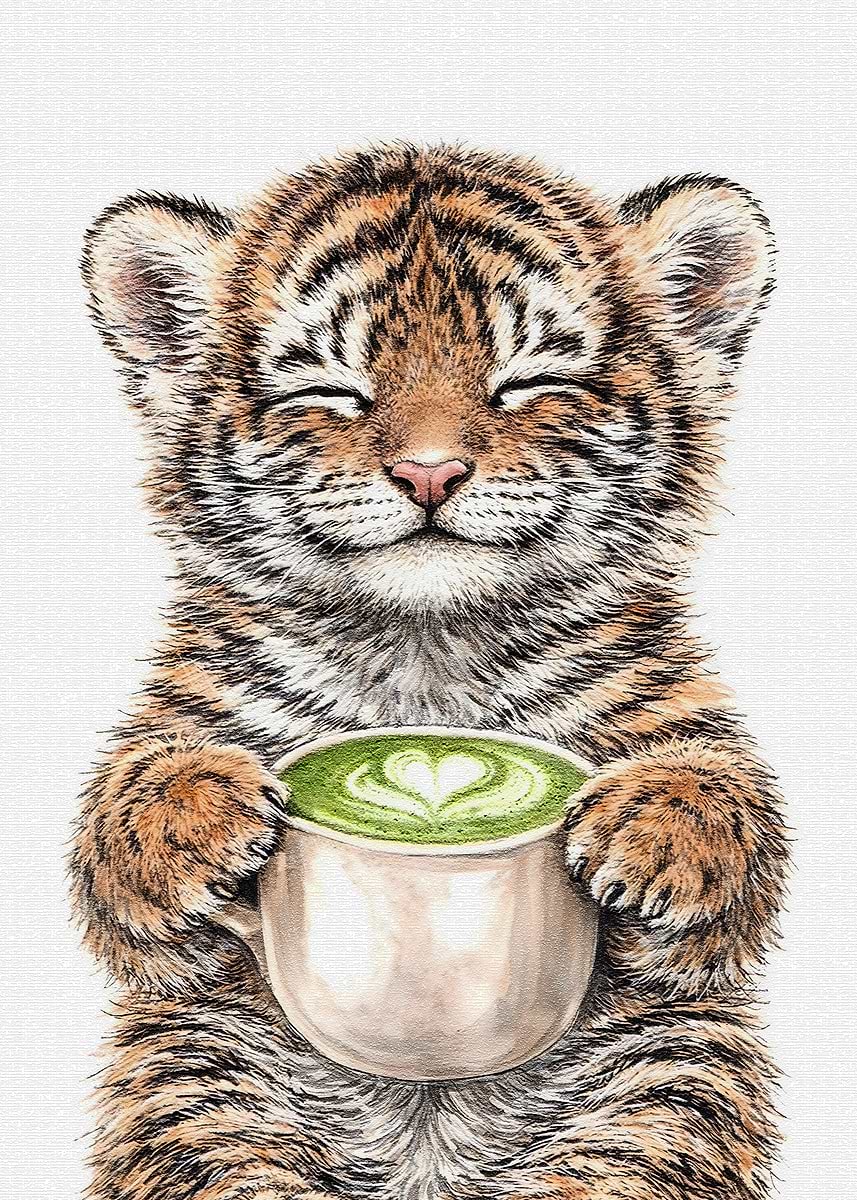 'Cute Tiger Cub with Matcha Latte' Poster, picture, metal print, paint ...