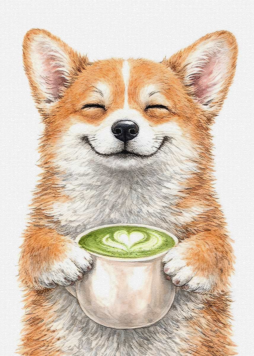 'Happy Corgi with Matcha Latte' Poster, picture, metal print, paint by ...