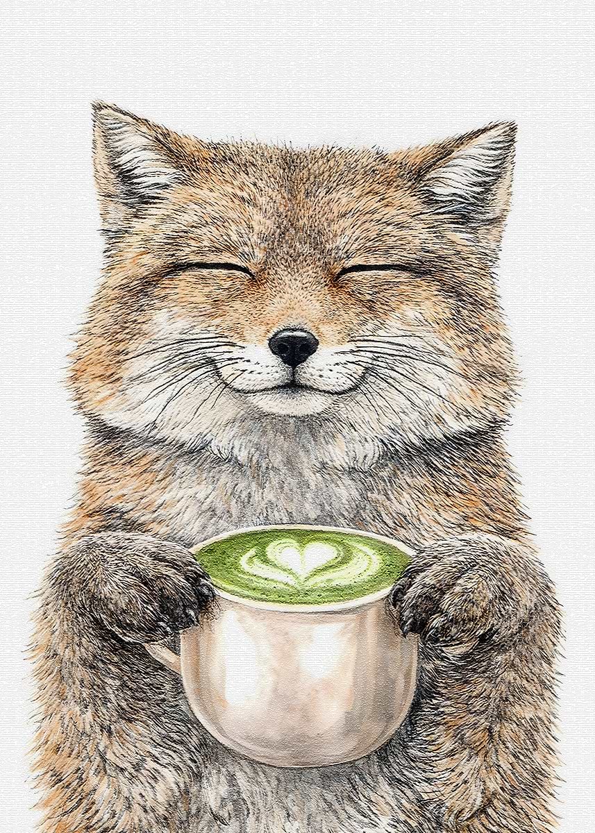 'Fox Holding Matcha Latte' Poster, picture, metal print, paint by ...