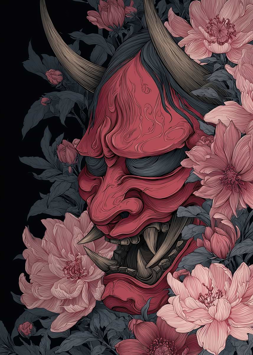 'Oni Mask with Pink Flowers' Poster, picture, metal print, paint by ...