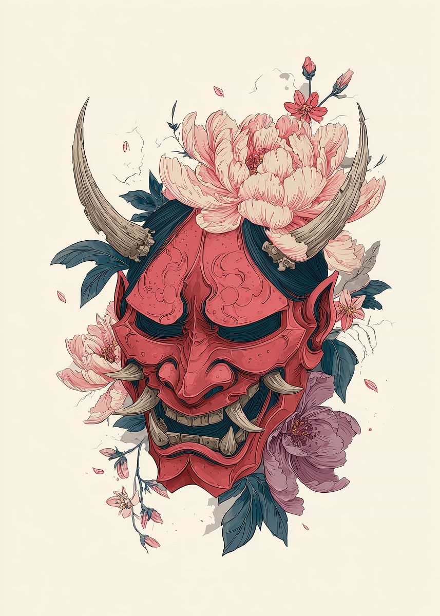 'Oni Mask with Flowers' Poster, picture, metal print, paint by ...