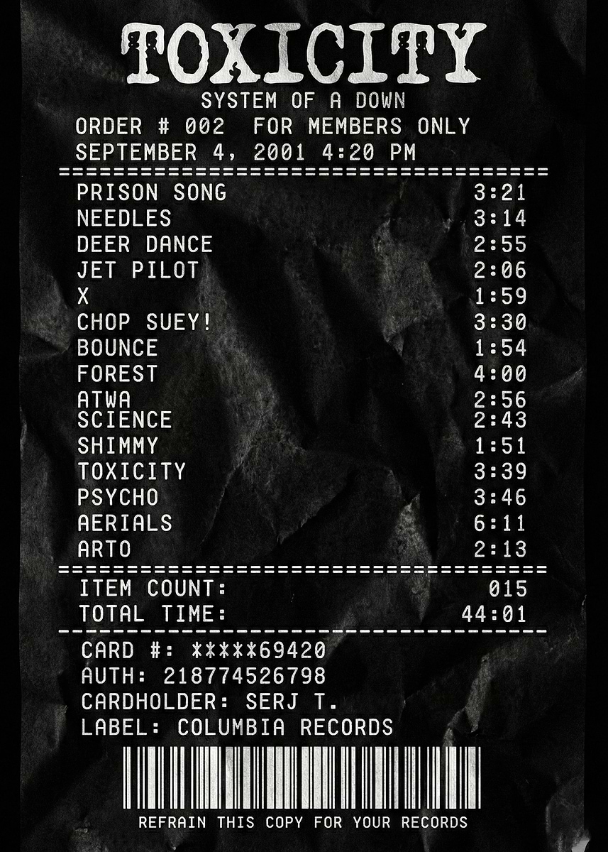 'System of a Down Toxicity Album Receipt' Poster, picture, metal print ...