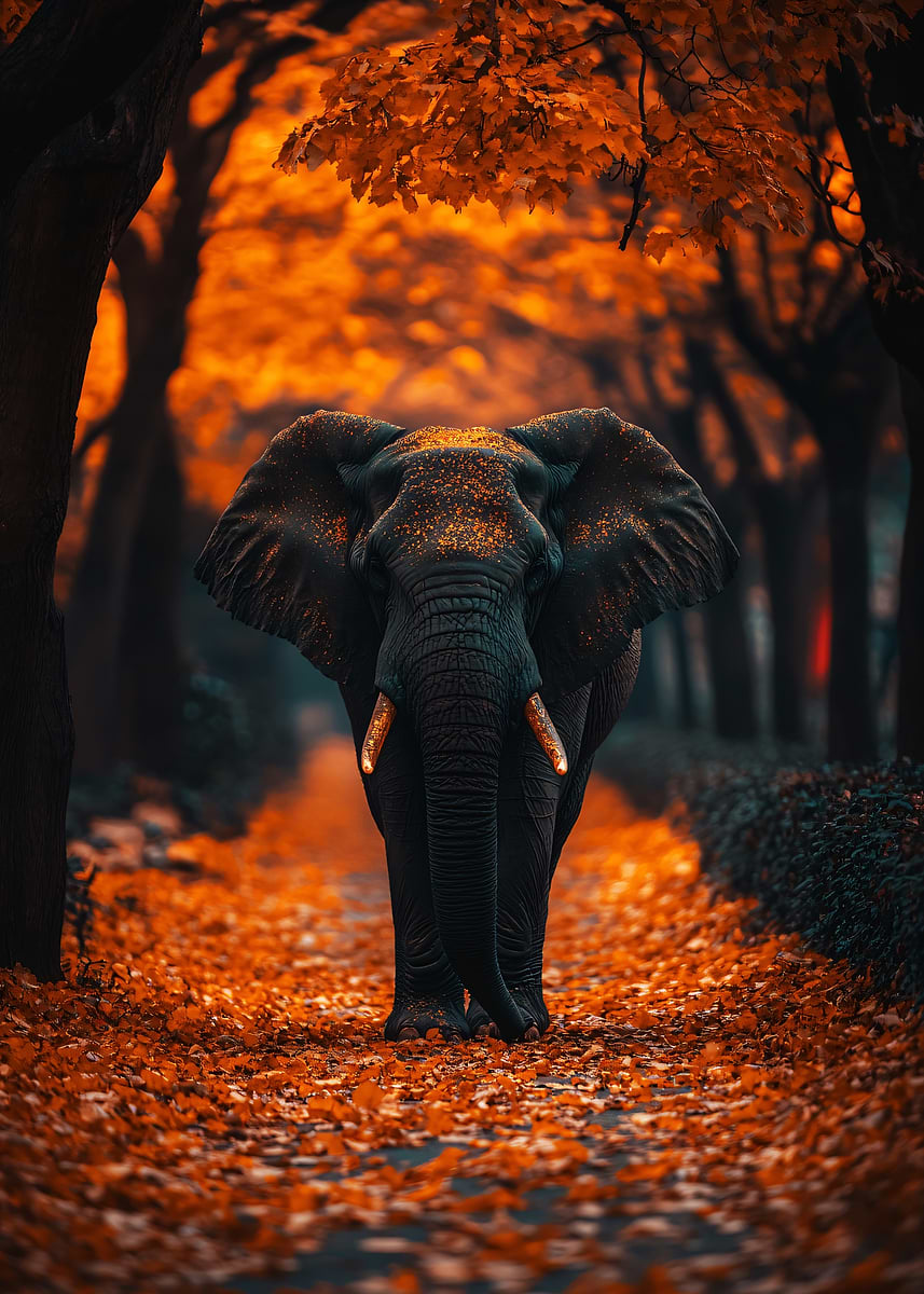 'Elephant in Autumn Forest' Poster, picture, metal print, paint by ...