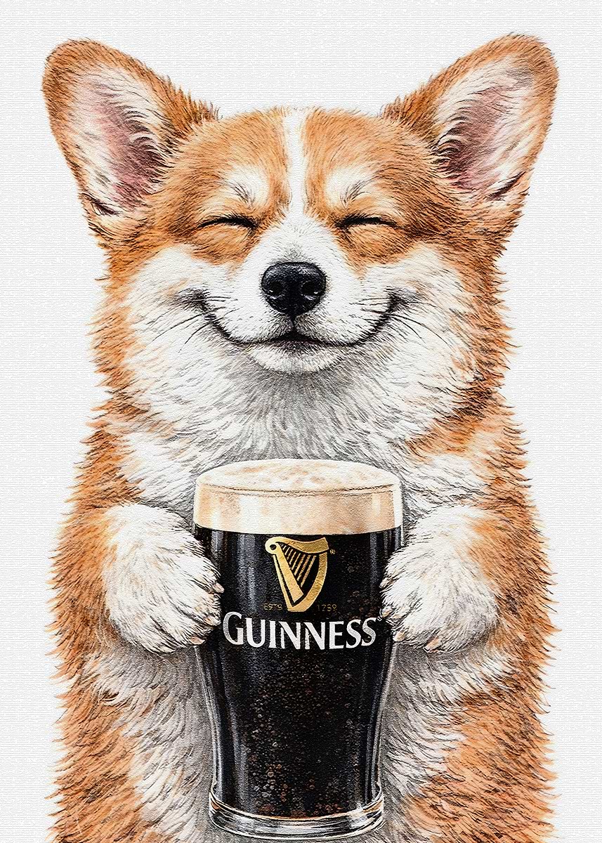 'Happy Corgi Holding Guinness Beer' Poster, picture, metal print, paint ...