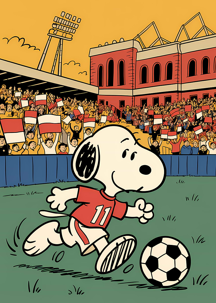 'Snoopy Plays Soccer in a Stadium' Poster, picture, metal print, paint ...