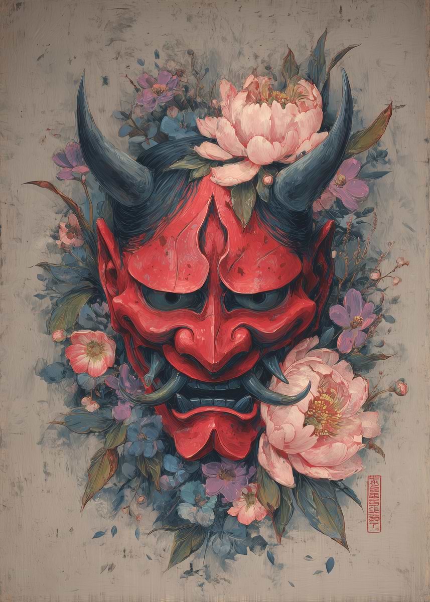 'Oni Mask with Flowers' Poster, picture, metal print, paint by ...