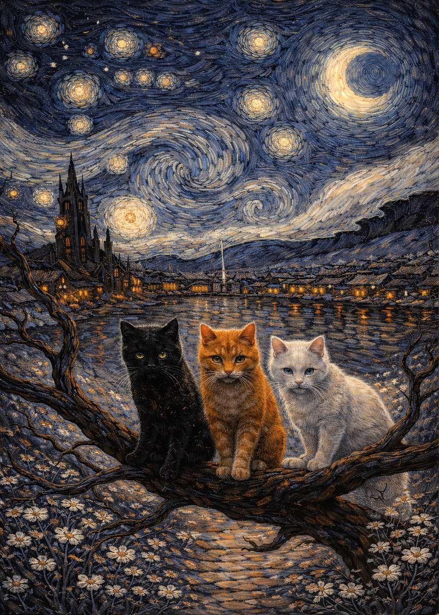 'Starry Night Cats' Poster, picture, metal print, paint by Creative YS ...