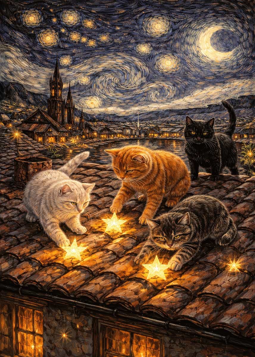 'Starry Night Cats' Poster, picture, metal print, paint by Creative YS ...