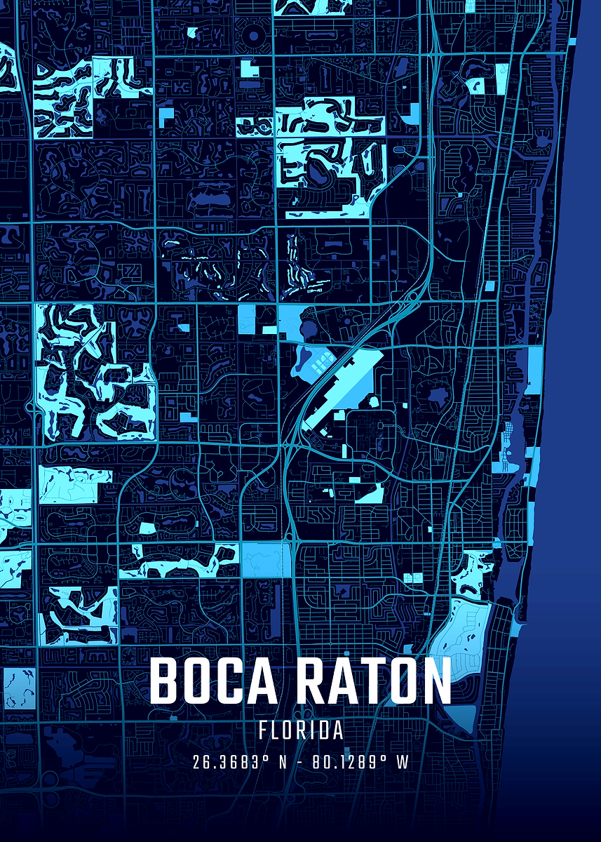 'Boca Raton Florida Midnight City Map ' Poster, picture, metal print ...