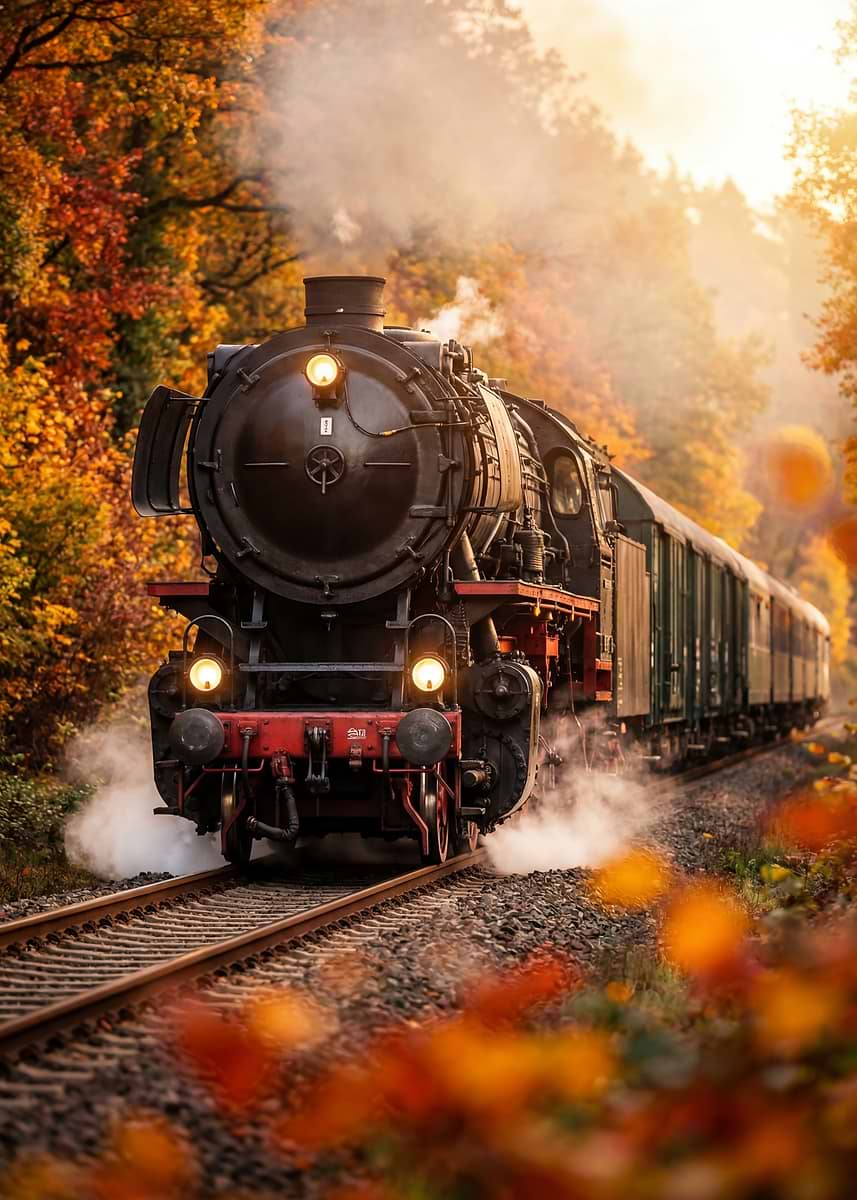 'Steam Train in Autumn Forest' Poster, picture, metal print, paint by ...