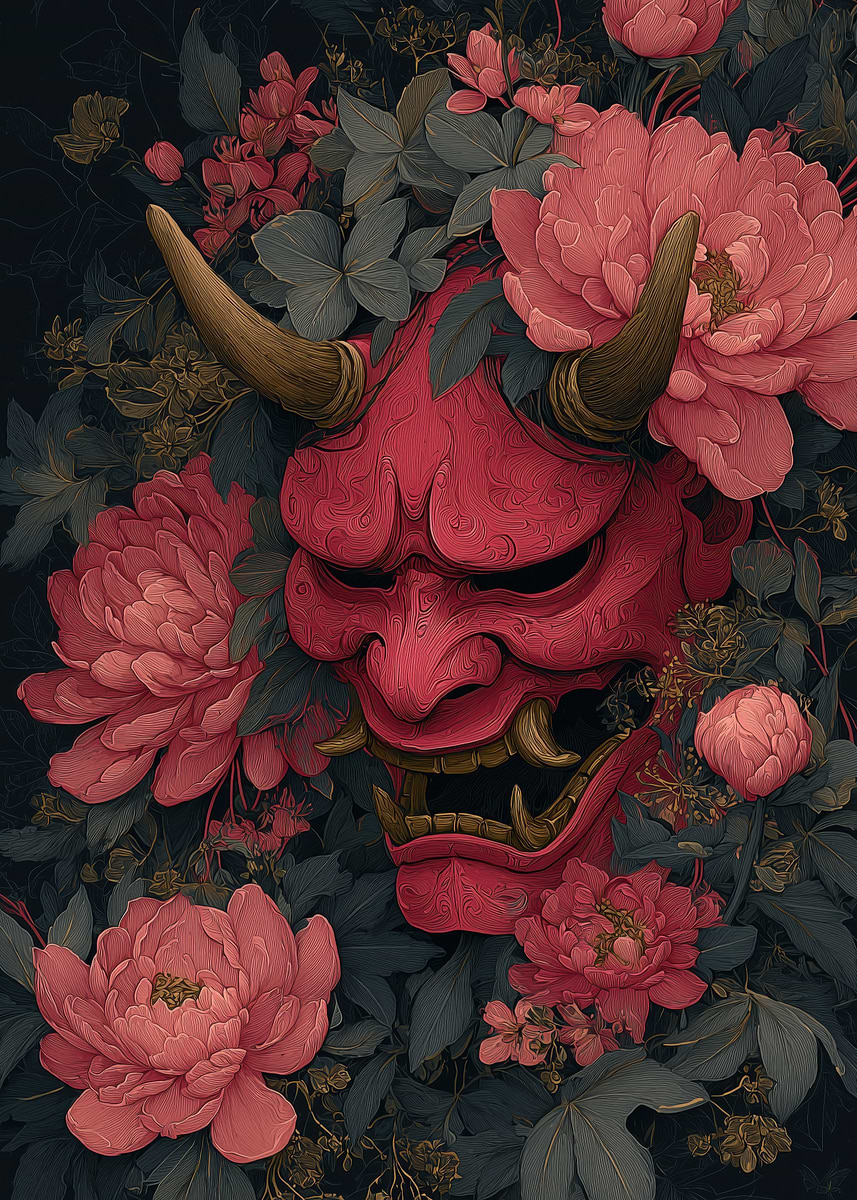'Oni Mask with Pink Peonies' Poster, picture, metal print, paint by ...