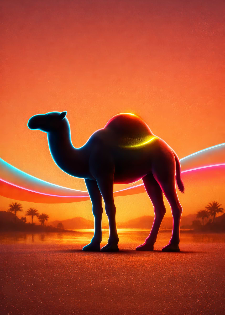 'Neon Camel in Desert Sunset' Poster, picture, metal print, paint by ...