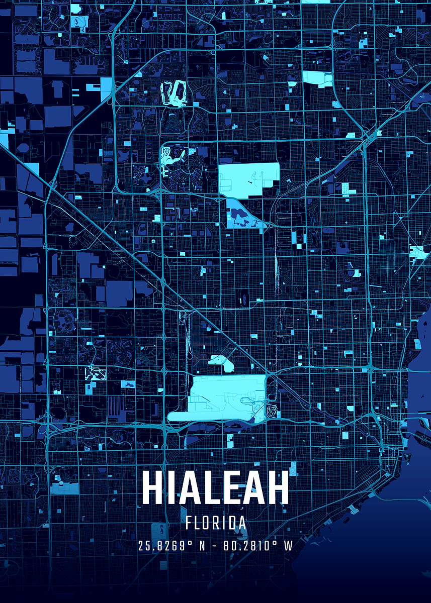 'Hialeah Florida Midnight City Map' Poster, picture, metal print, paint ...