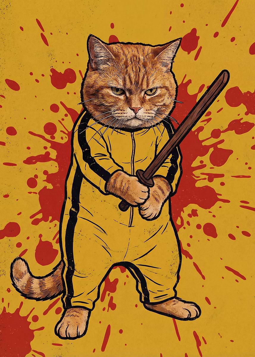 'Cat in Yellow Tracksuit with Sword' Poster, picture, metal print ...