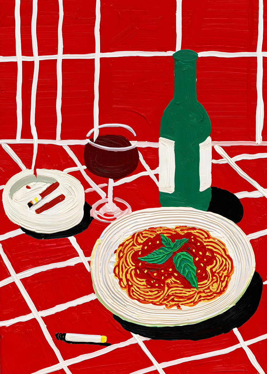'Still Life with Spaghetti and Wine' Poster, picture, metal print ...