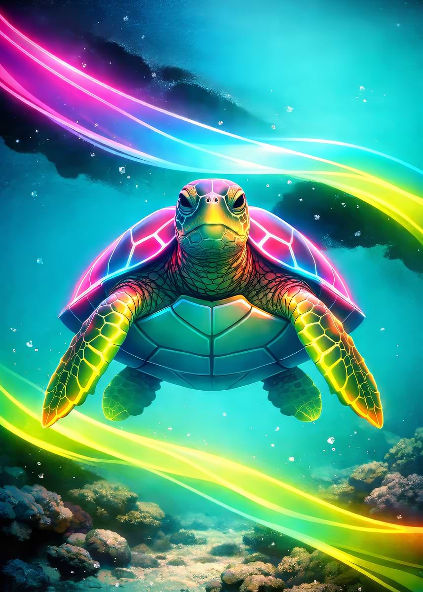 'Rainbow Sea Turtle Underwater' Poster, picture, metal print, paint by ...
