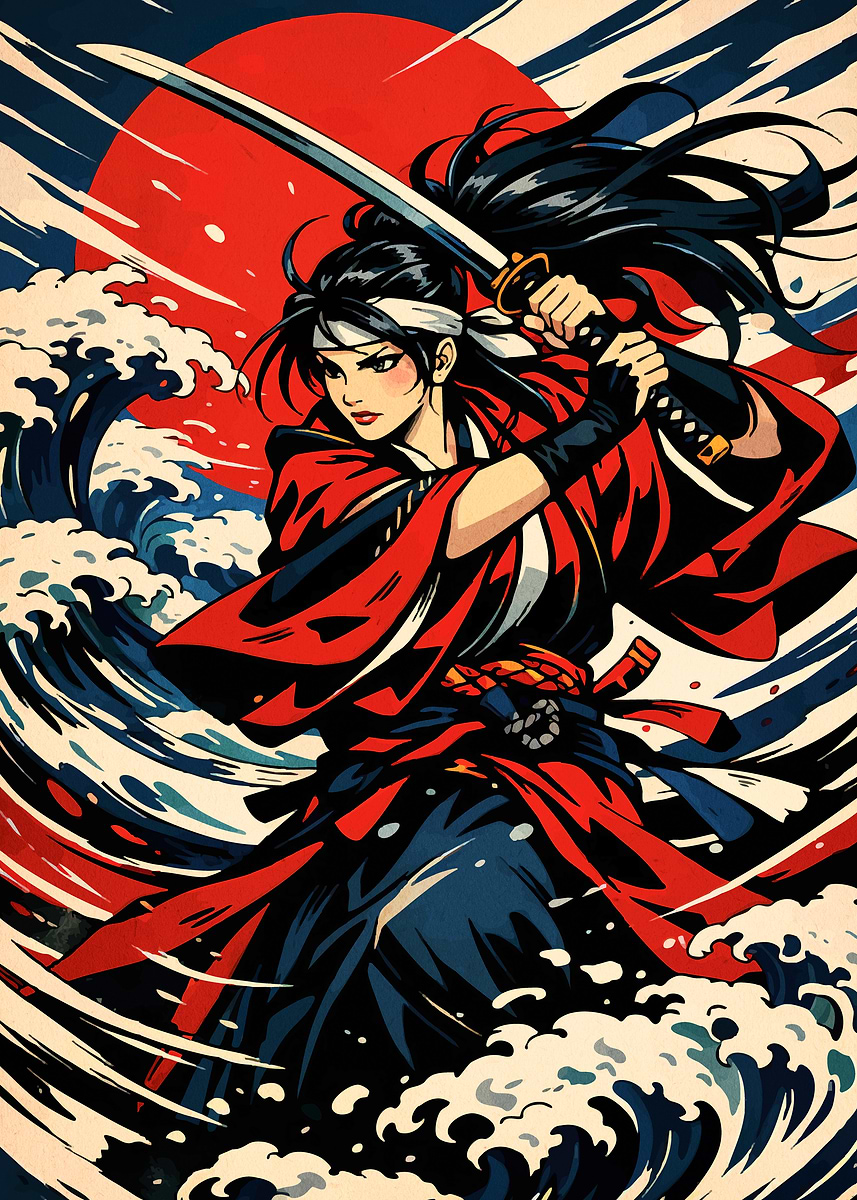 'Samurai Woman Fighting in Waves' Poster, picture, metal print, paint ...