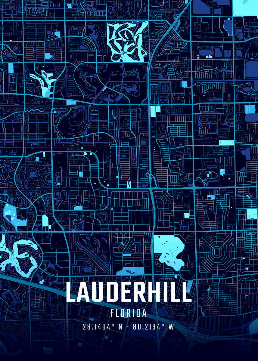 'Lauderhill Florida Midnight City Map ' Poster, picture, metal print ...
