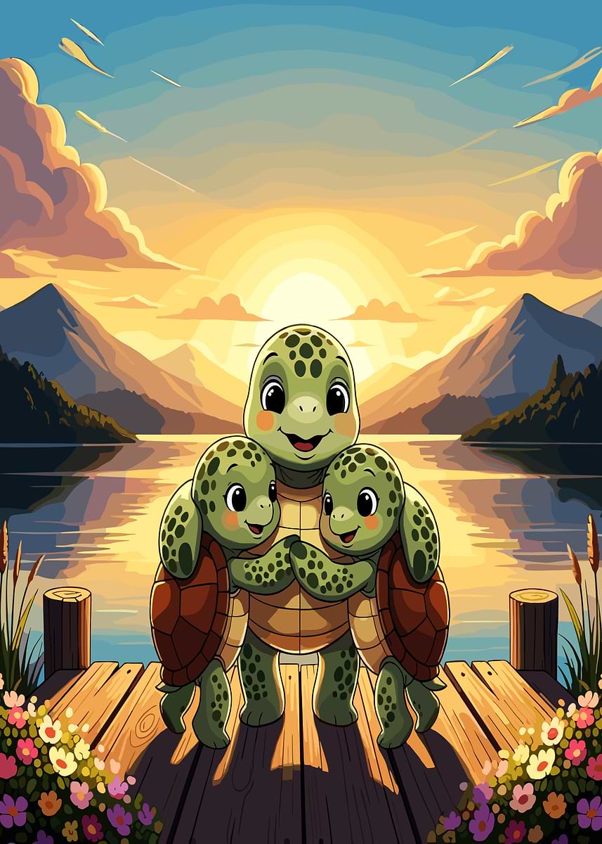 'Three Turtles Hugging at Sunset' Poster, picture, metal print, paint ...