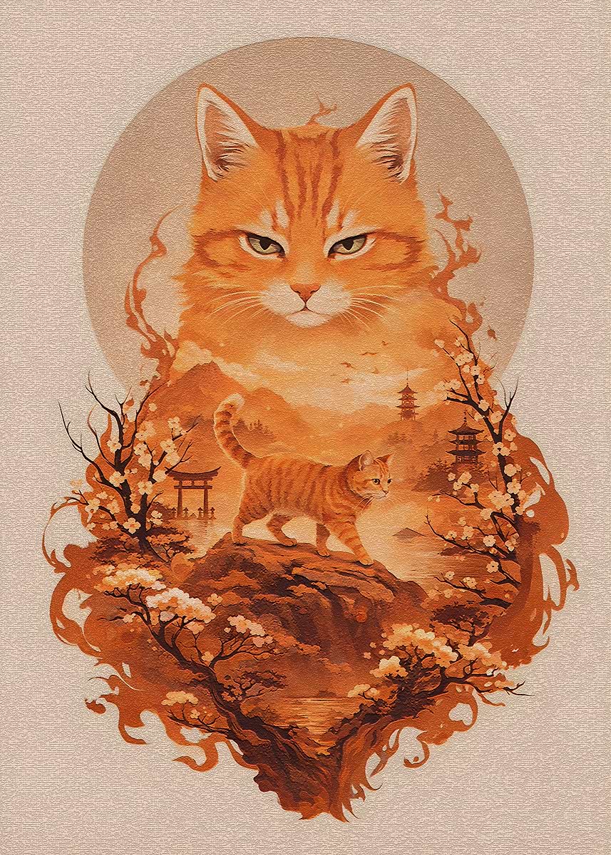 'Orange Cat in Japanese Landscape' Poster, picture, metal print, paint ...