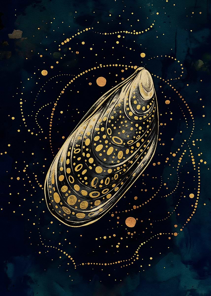 'Golden Mussel Shell with Cosmic Dots' Poster, picture, metal print ...