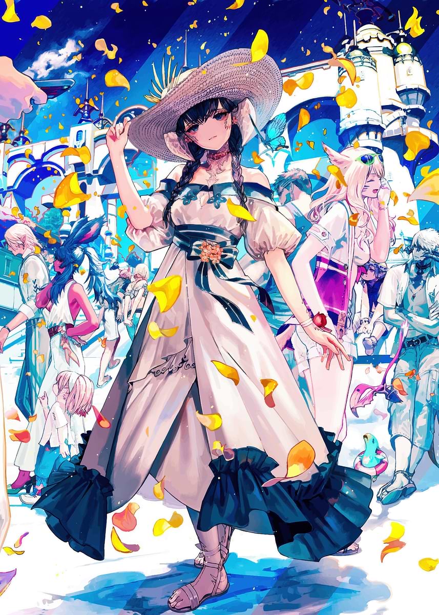 'Anime Girl in a White Dress with Flower Petals' Poster, picture, metal ...
