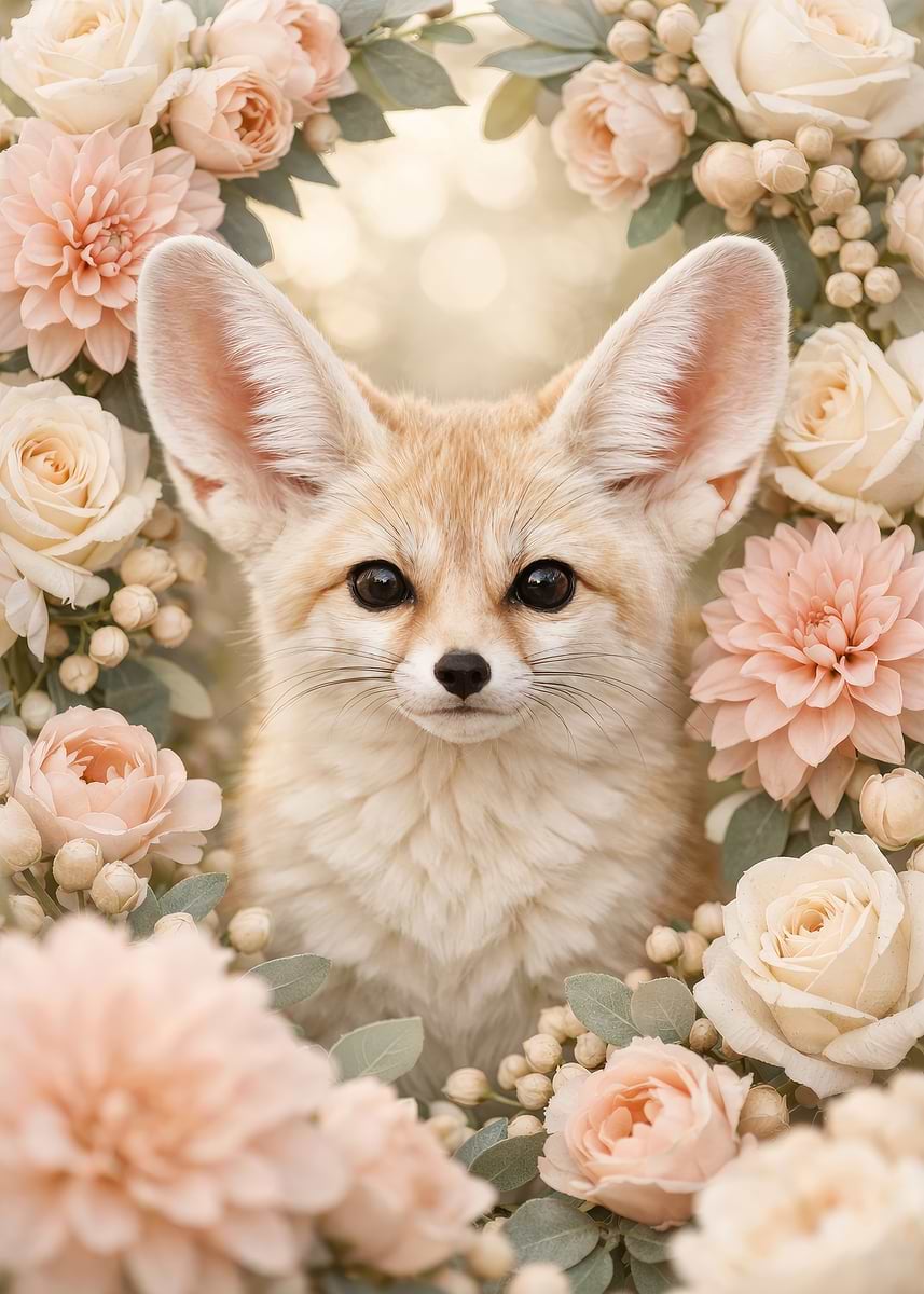'Fennec Fox Surrounded by Flowers' Poster, picture, metal print, paint ...