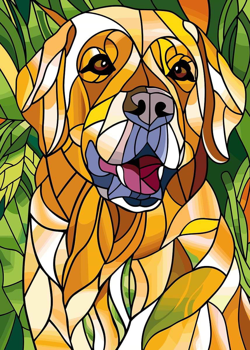 'Stained Glass Golden Retriever Portrait' Poster, picture, metal print ...
