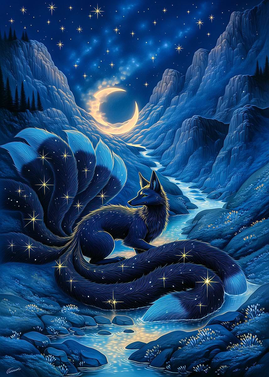 'Mythical Fox Under a Crescent Moon' Poster, picture, metal print ...