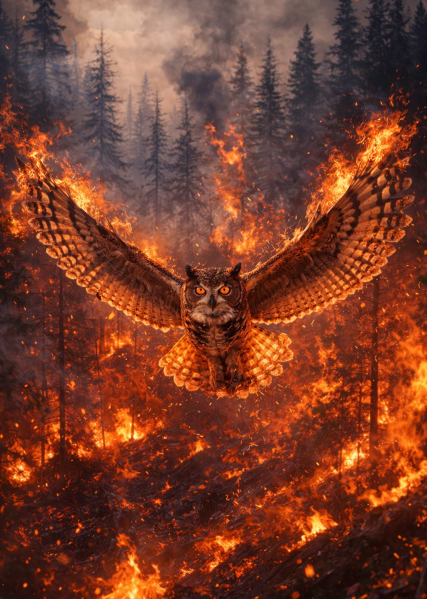 'Owl in a Forest Fire' Poster, picture, metal print, paint by Candy ...