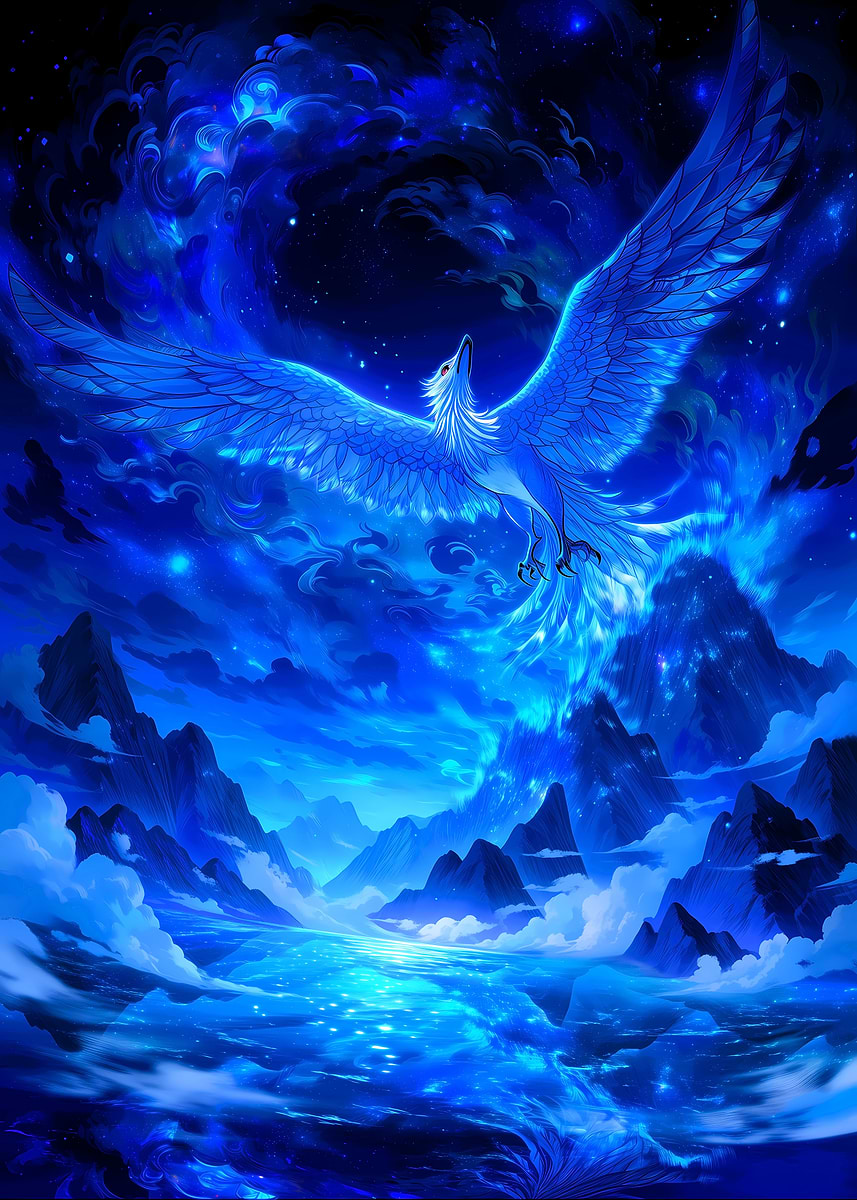 'Blue Phoenix Over Mountains' Poster, picture, metal print, paint by ...