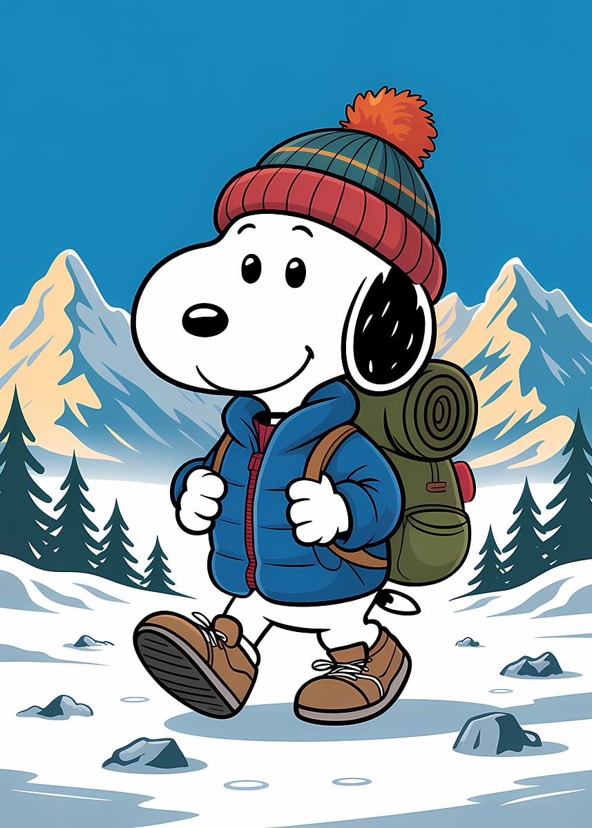 'Snoopy hiking in a winter landscape' Poster, picture, metal print ...