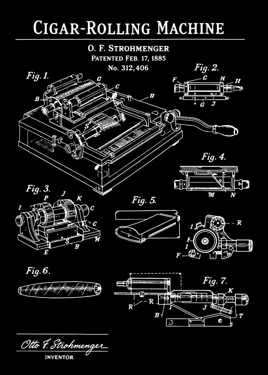 'Cigar Rolling Machine Patent Drawing' Poster, picture, metal print ...