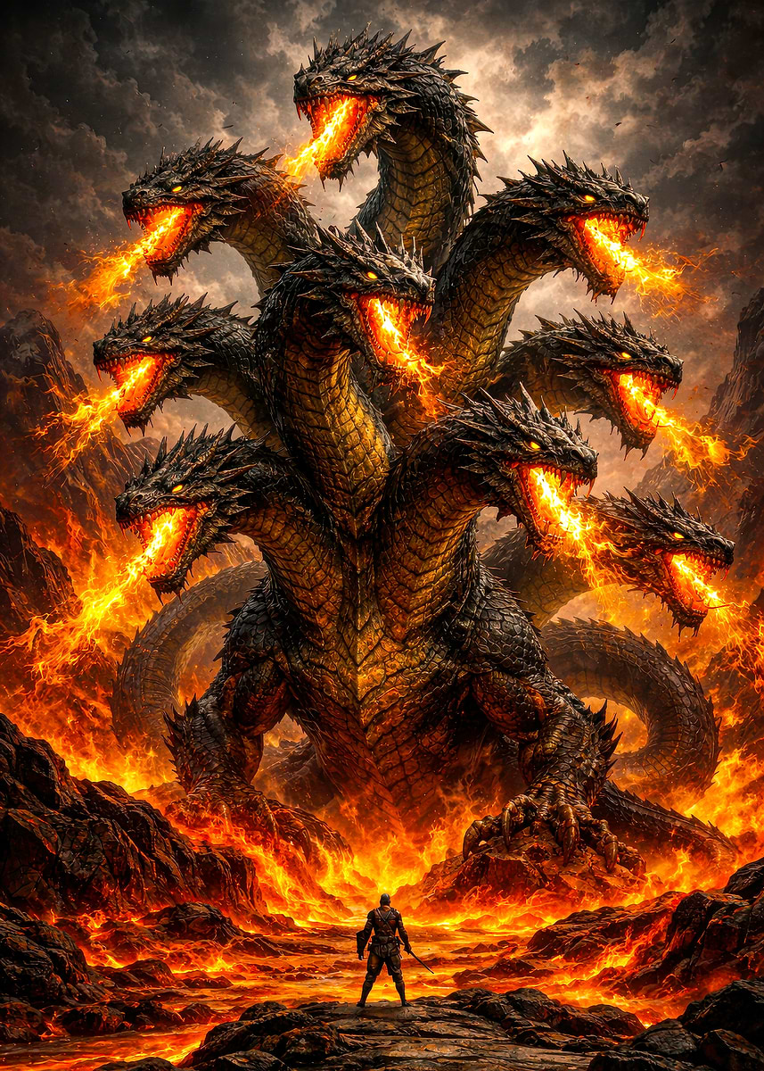 'Hydra vs Warrior in Fiery Landscape' Poster, picture, metal print ...