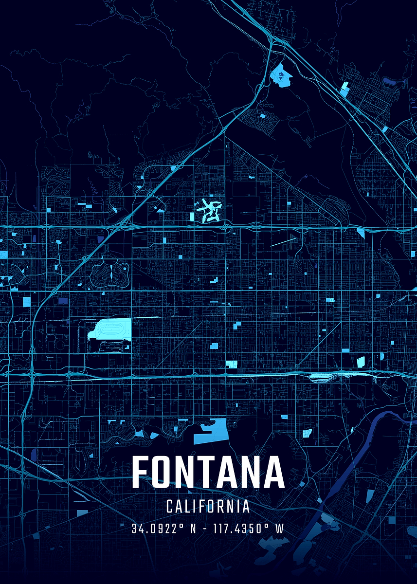 'Fontana California Midnight City Map' Poster, picture, metal print ...
