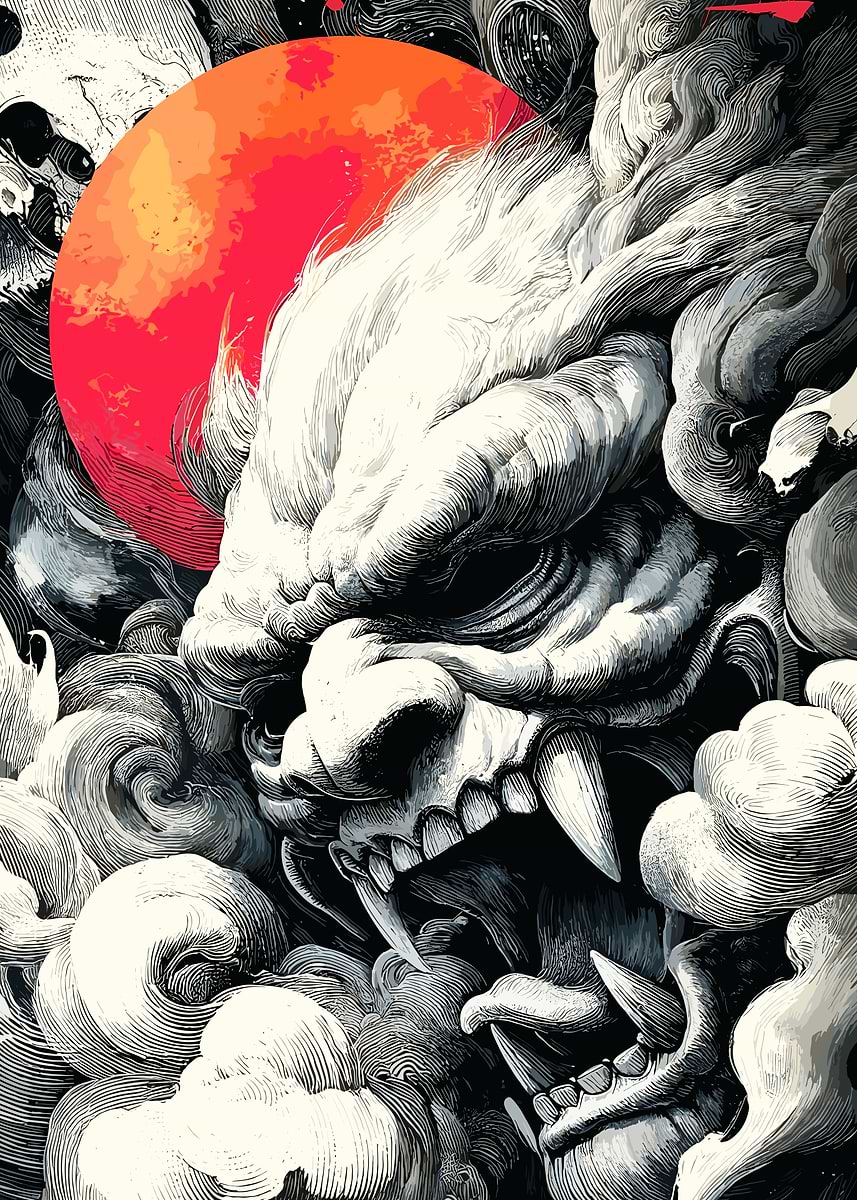 'Demonic Oni Mask with Red Moon' Poster, picture, metal print, paint by ...