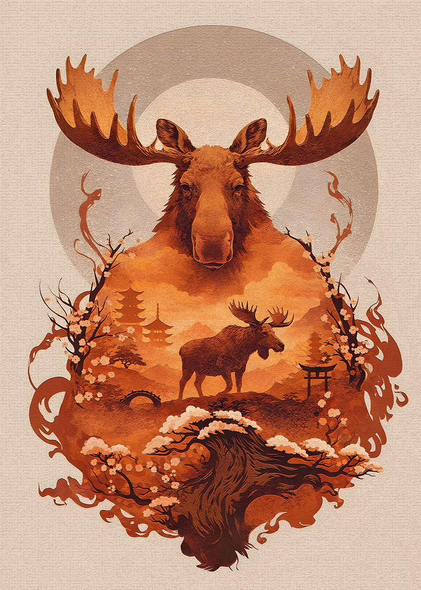 'Moose Landscape with Japanese Elements' Poster, picture, metal print ...