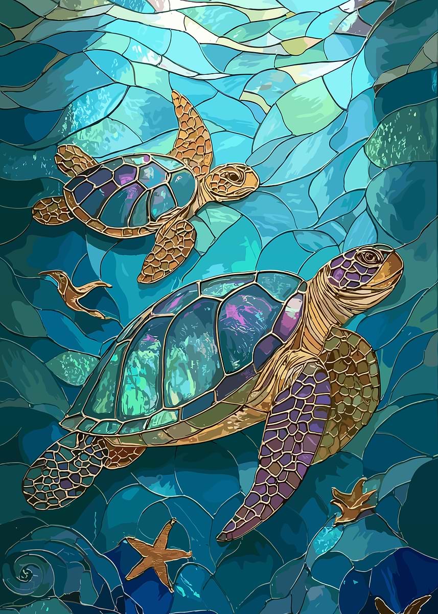 'Stained Glass Sea Turtles Underwater' Poster, picture, metal print ...