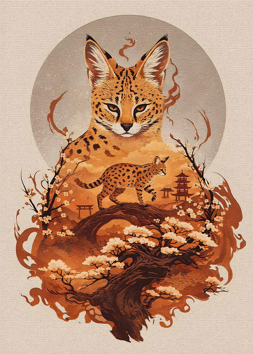 'Serval Cat in Japanese Landscape' Poster, picture, metal print, paint ...