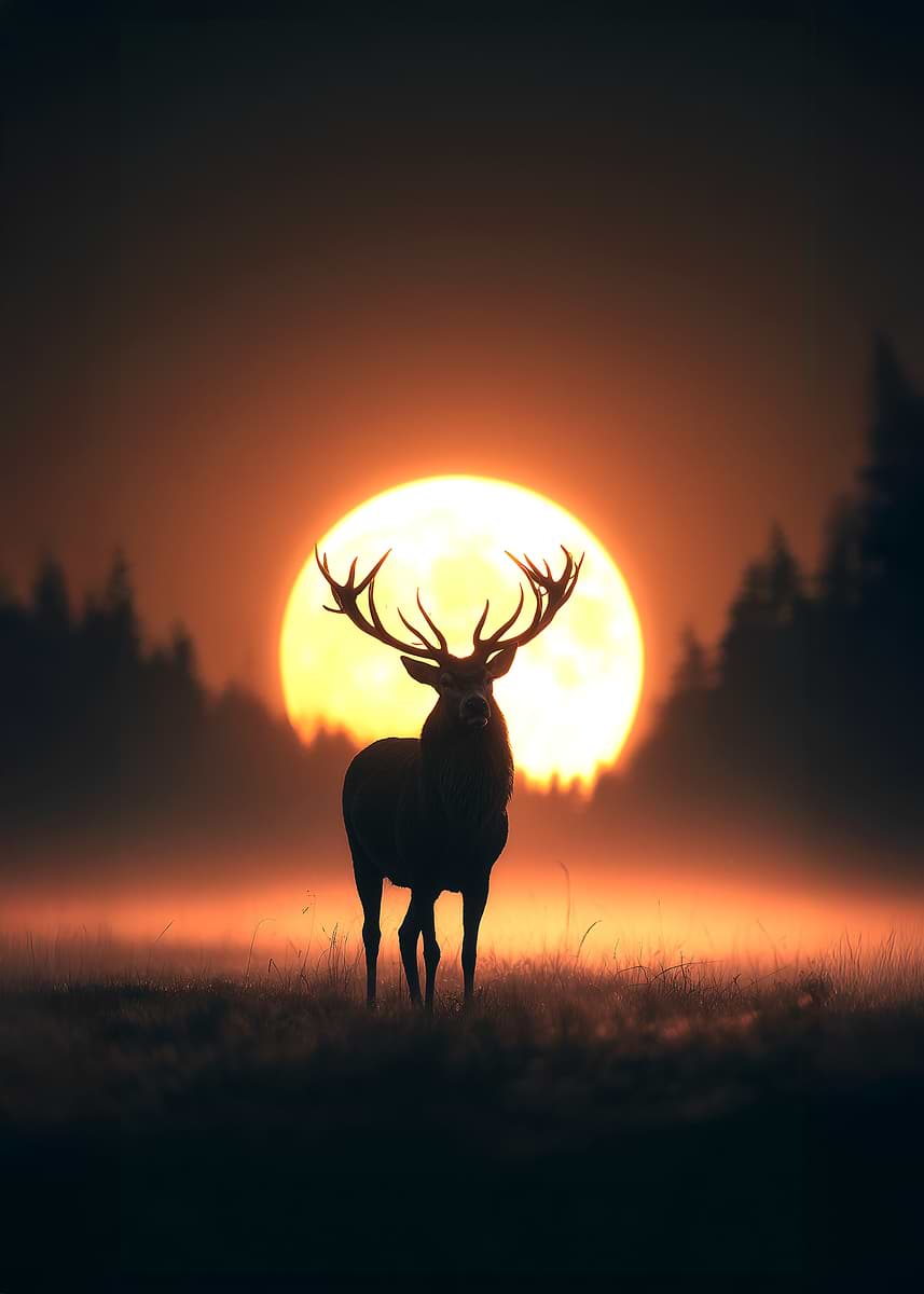 'Majestic Stag at Sunset' Poster, picture, metal print, paint by ...