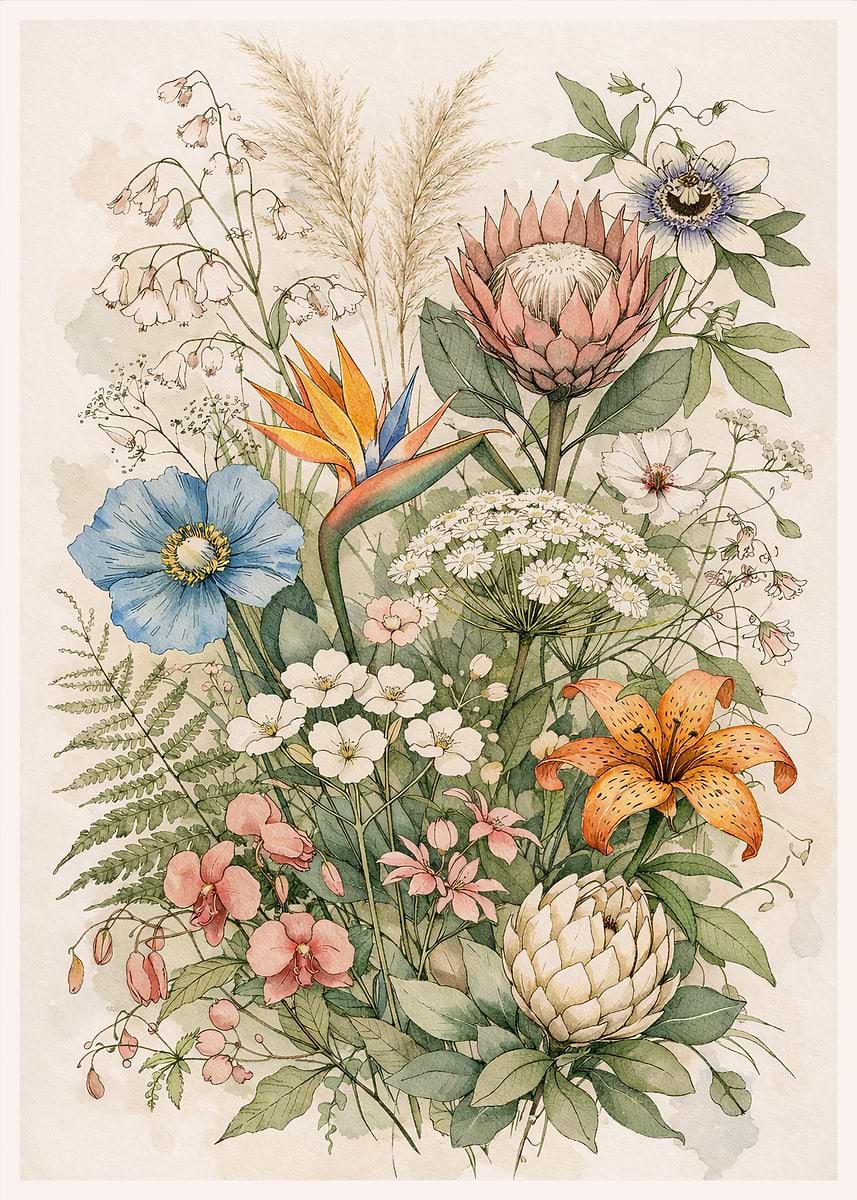 'Watercolor Botanical Illustration of Assorted Flowers' Poster, picture ...