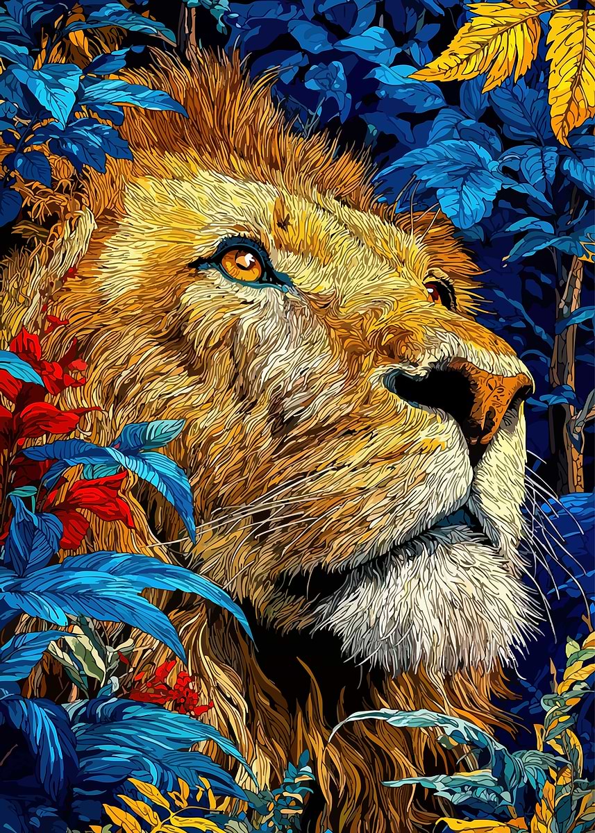 'Lion in a vibrant jungle' Poster, picture, metal print, paint by ...