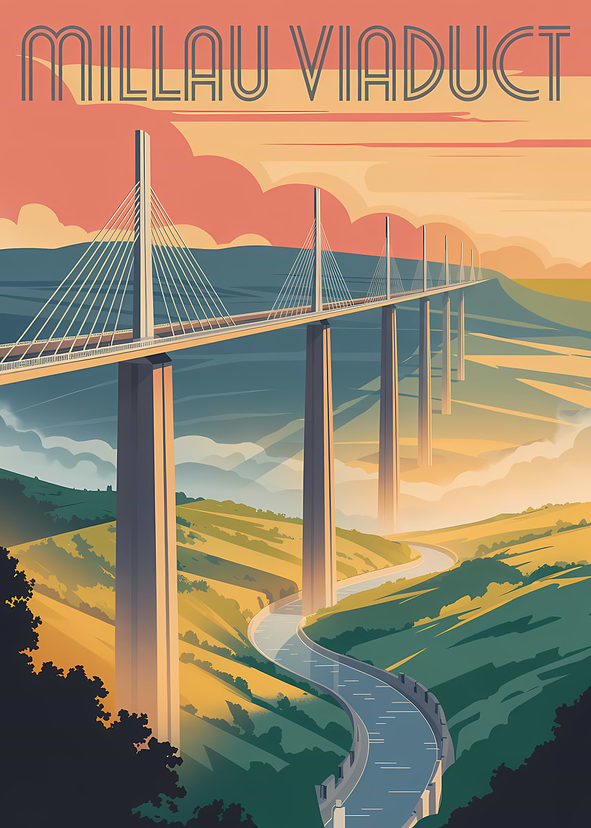 'Millau Viaduct at Sunset' Poster, picture, metal print, paint by Lunar ...