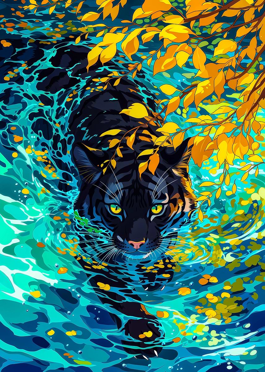 Black Panther In Water Poster Picture Metal Print Paint By